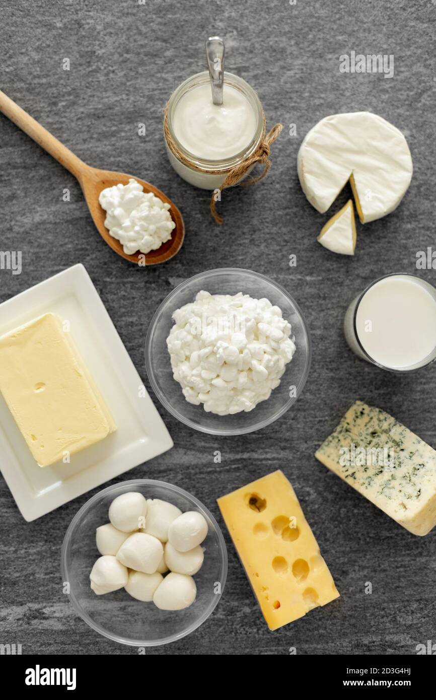 different kinds of cheese, milk, yogurt and butter Stock Photo - Alamy