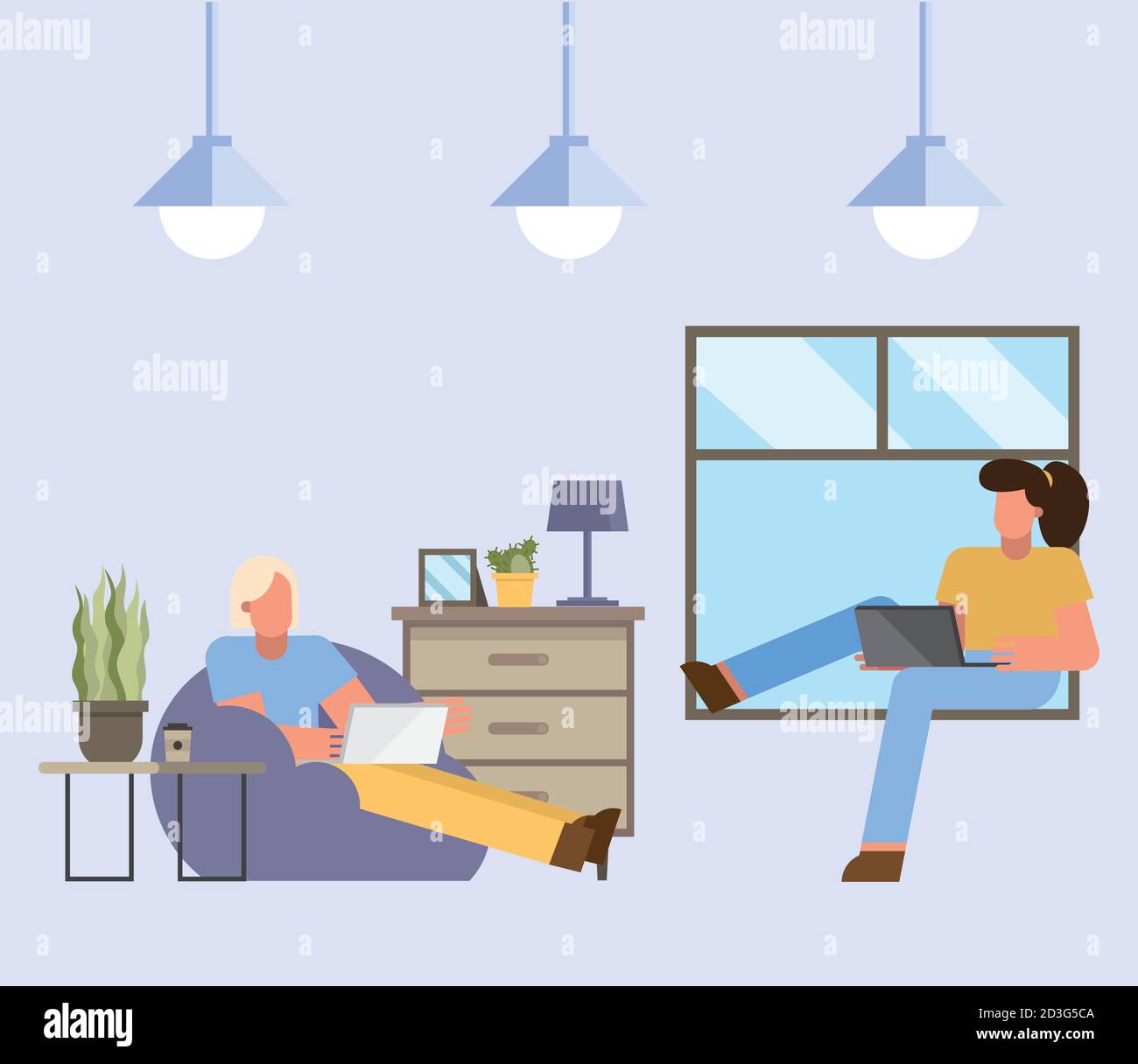 Man and woman with laptop working from home design of telecommuting ...