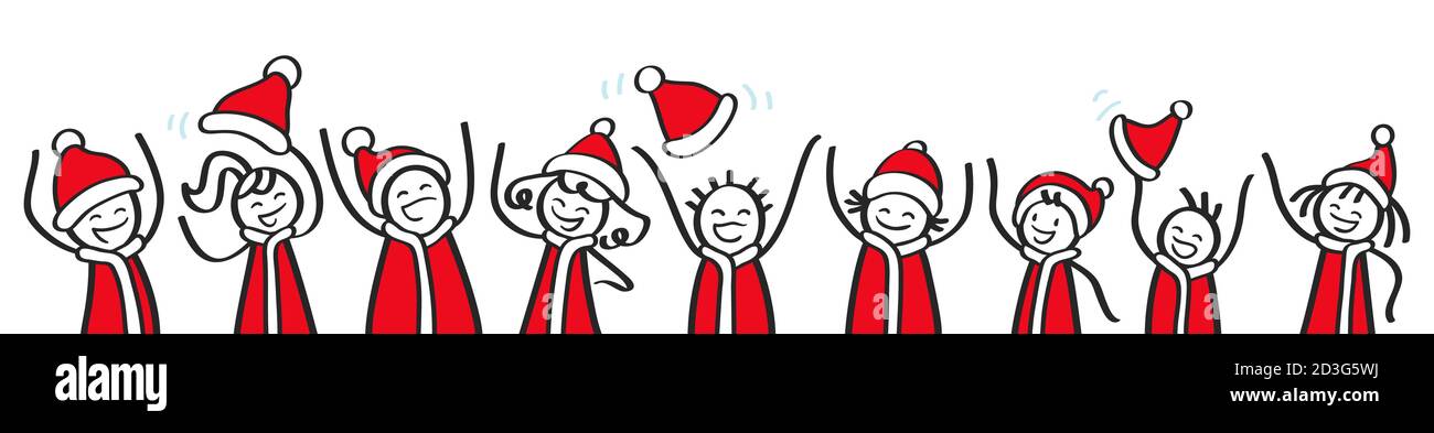 Row of cheering stick people wearing Santa Claus costumes, Christmas ...