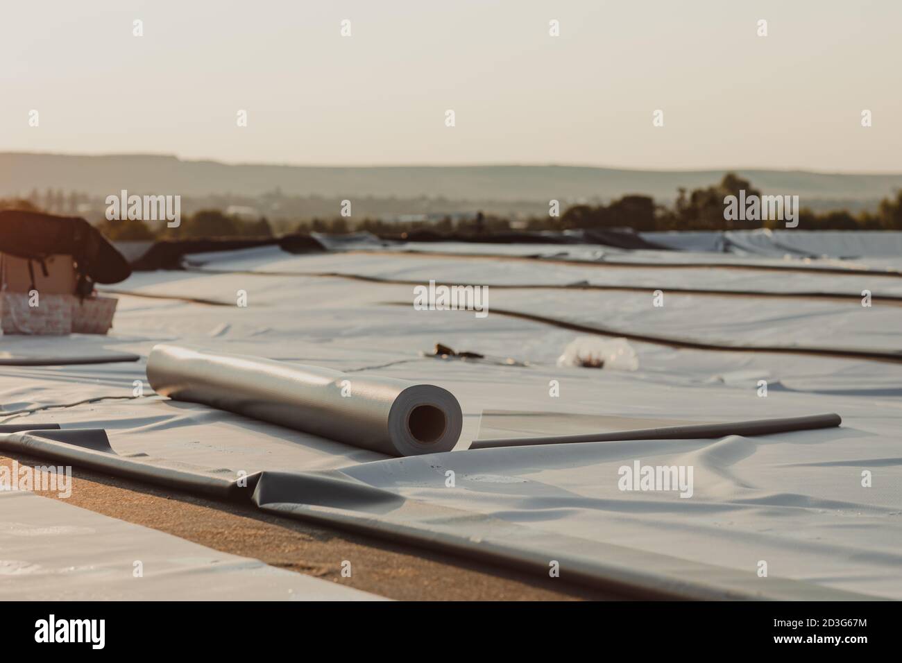 Roofing PVC membrane in rolls placed on the roof of the site Stock ...