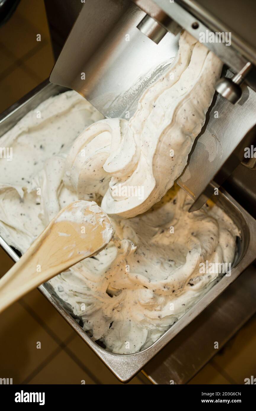 Ice cream preparation with different tools, ingredients, and machines ...