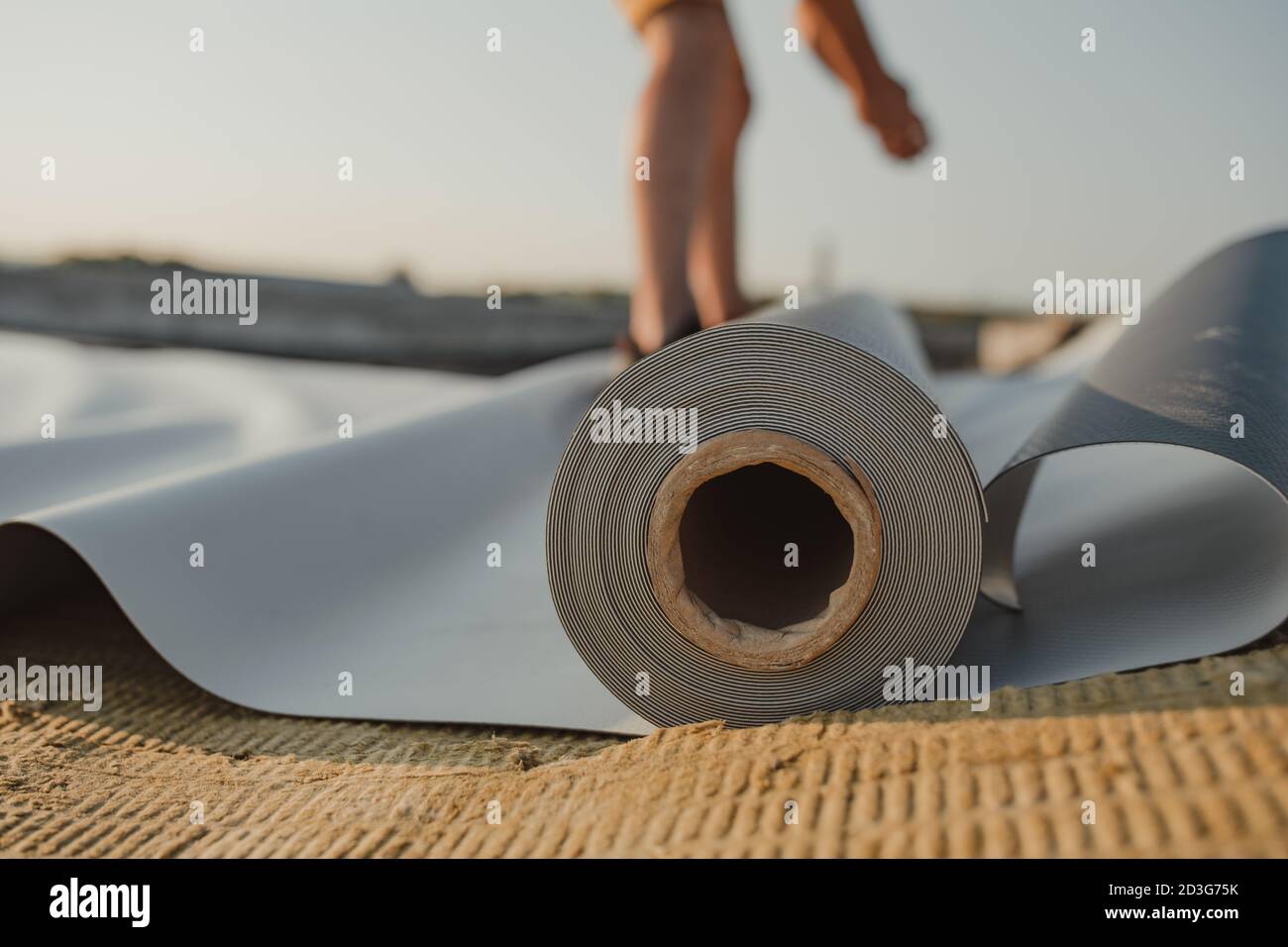 Roofing PVC membrane in rolls placed on the roof of the site Stock ...