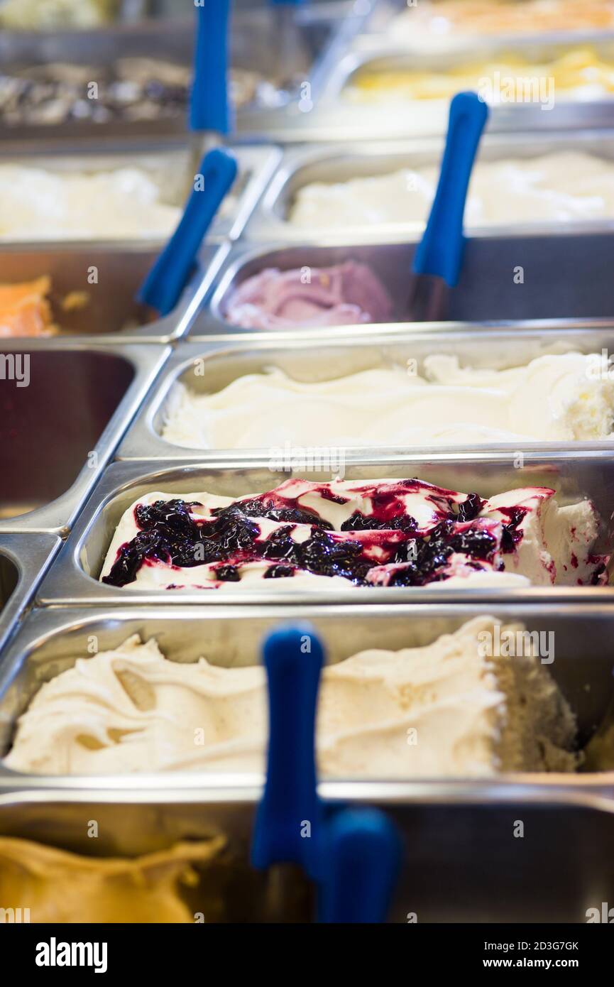 Ice cream preparation with different tools, ingredients, and machines ...