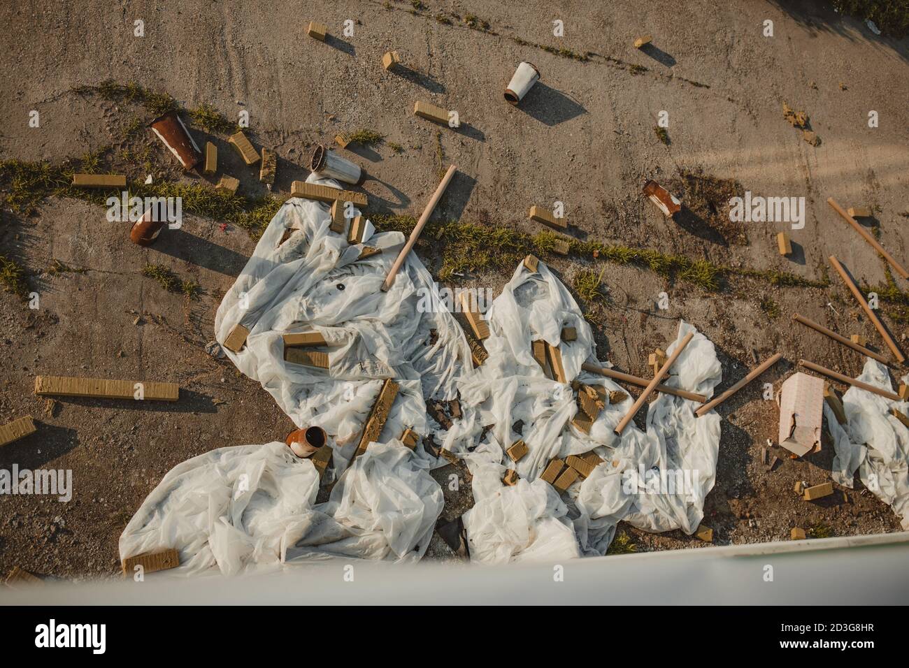 Construction waste scattered through the construction site.Remains of ...