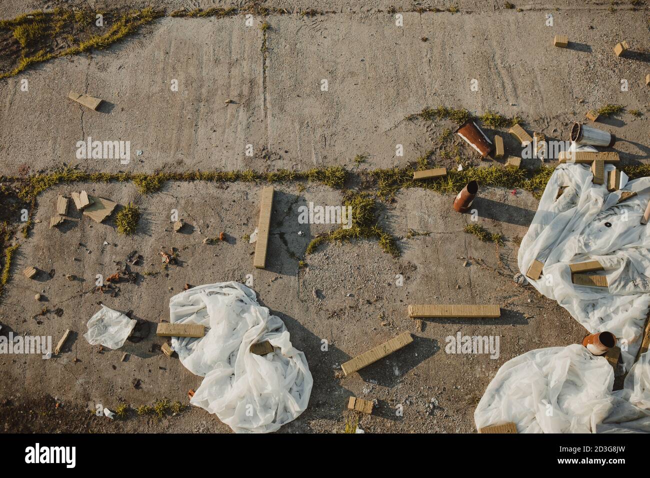 Construction waste scattered through the construction site.Remains of ...