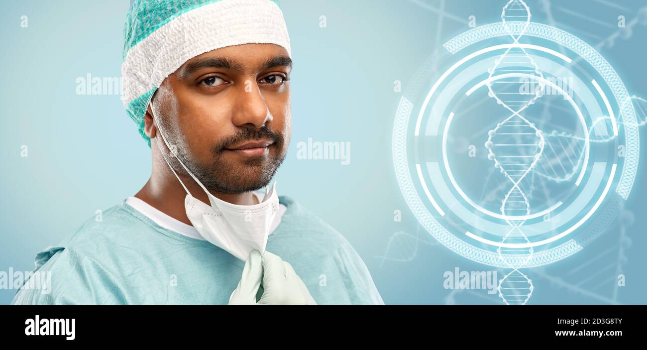 indian male doctor or scientist over dna molecule Stock Photo - Alamy