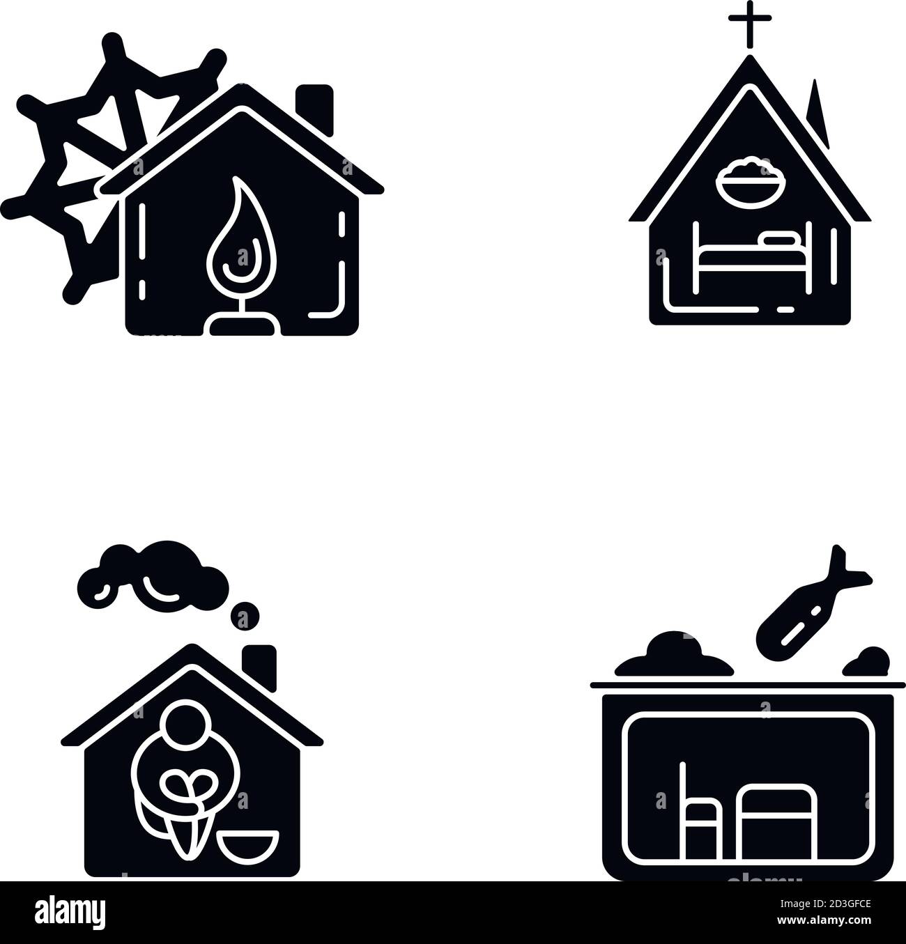 Temporary supportive housing black glyph icons set on white space Stock ...