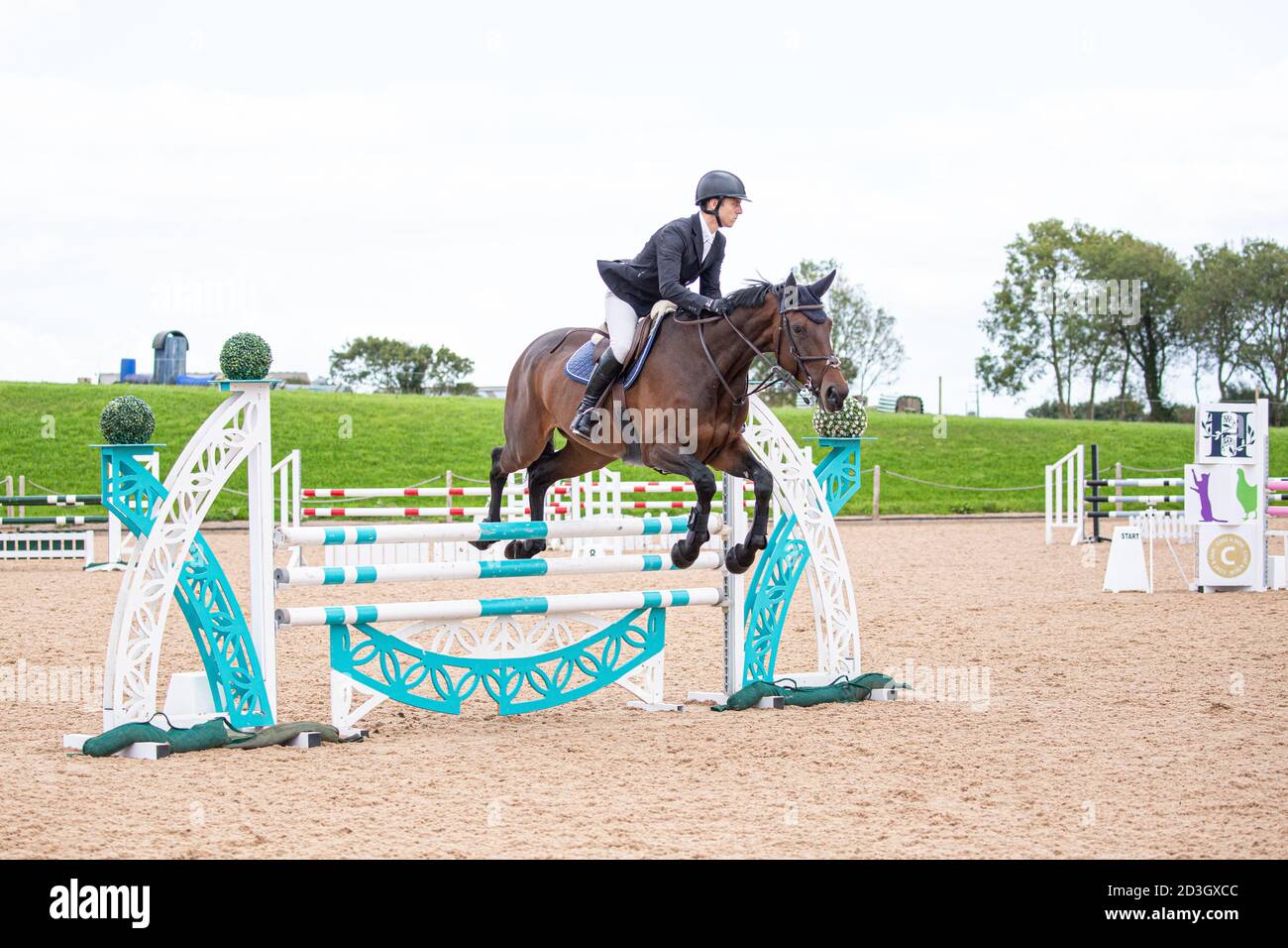 Horse riders competing in a showjumping competition Stock Photo - Alamy
