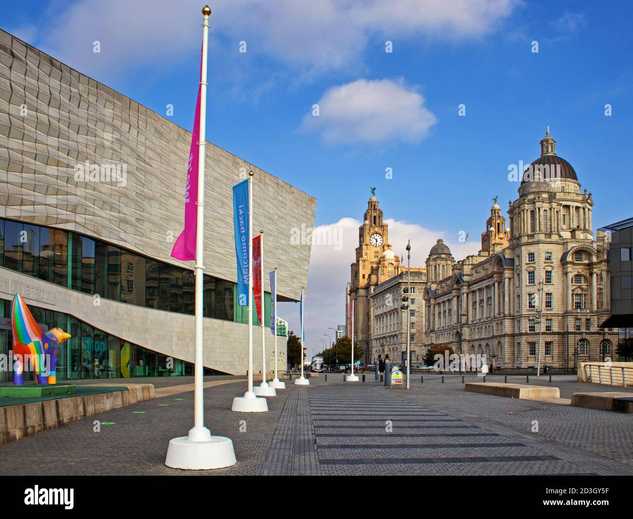 The side of Liverpool's museum leads the eye to the Three Graces Stock ...