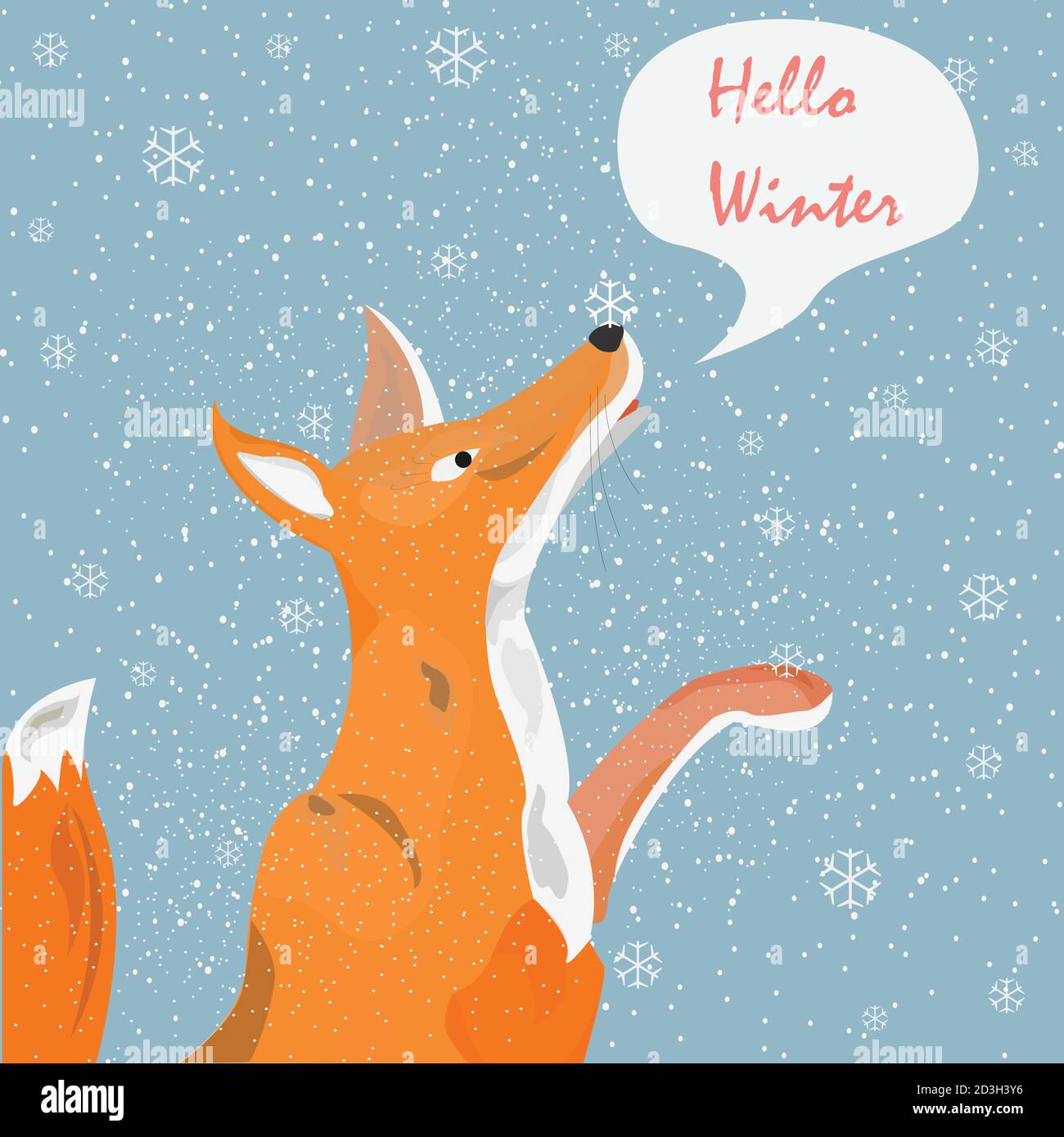 Orange Fox Catching Snowflakes and saying "Hello Winter" vector ...