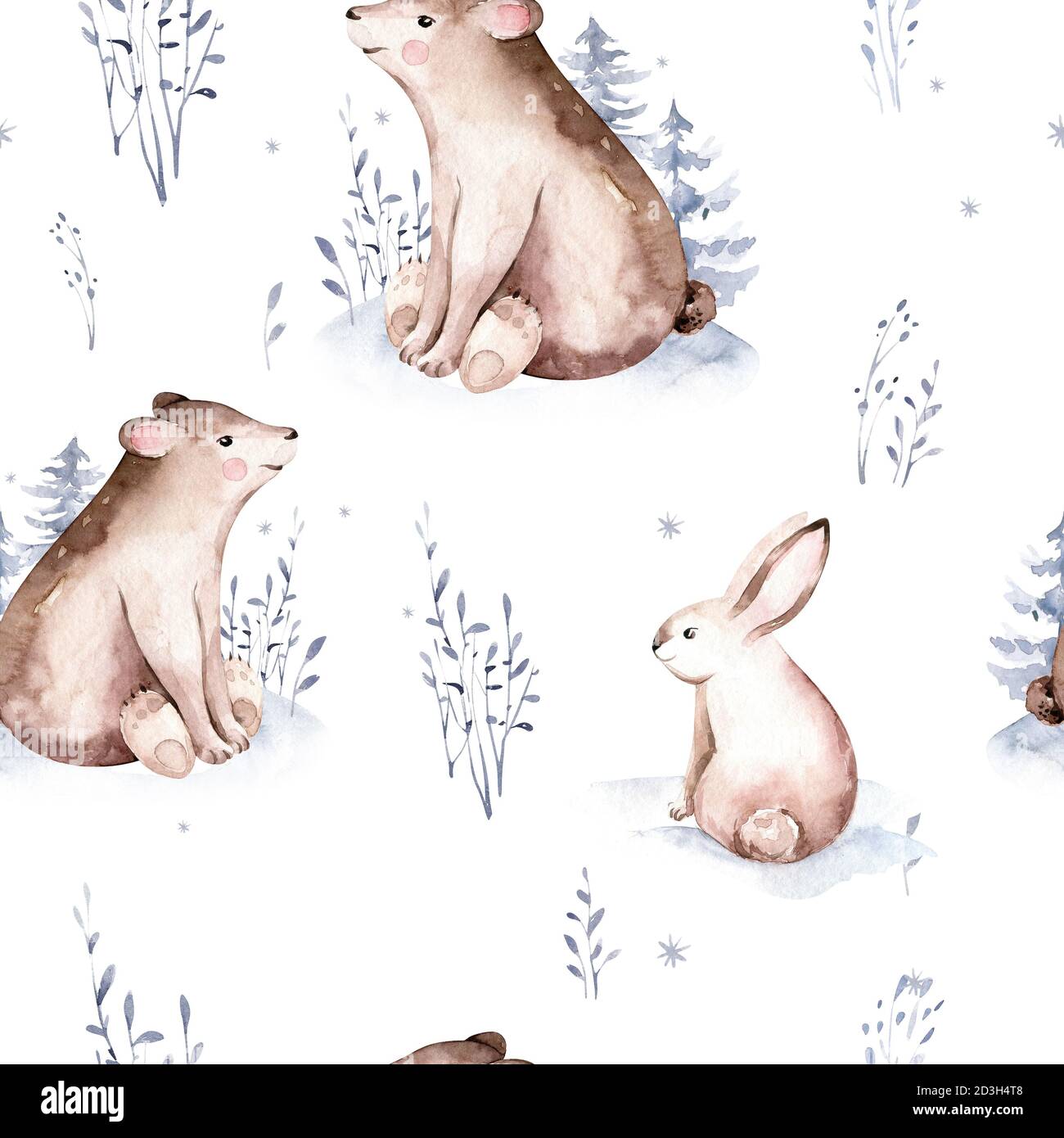Watercolor winter pattern deer with fawn, owl rabbits, bear birds on ...