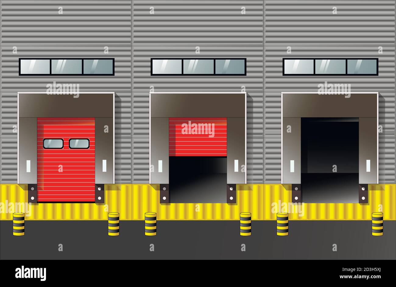 Large distribution warehouse with gates for loading goods. Door opening ...