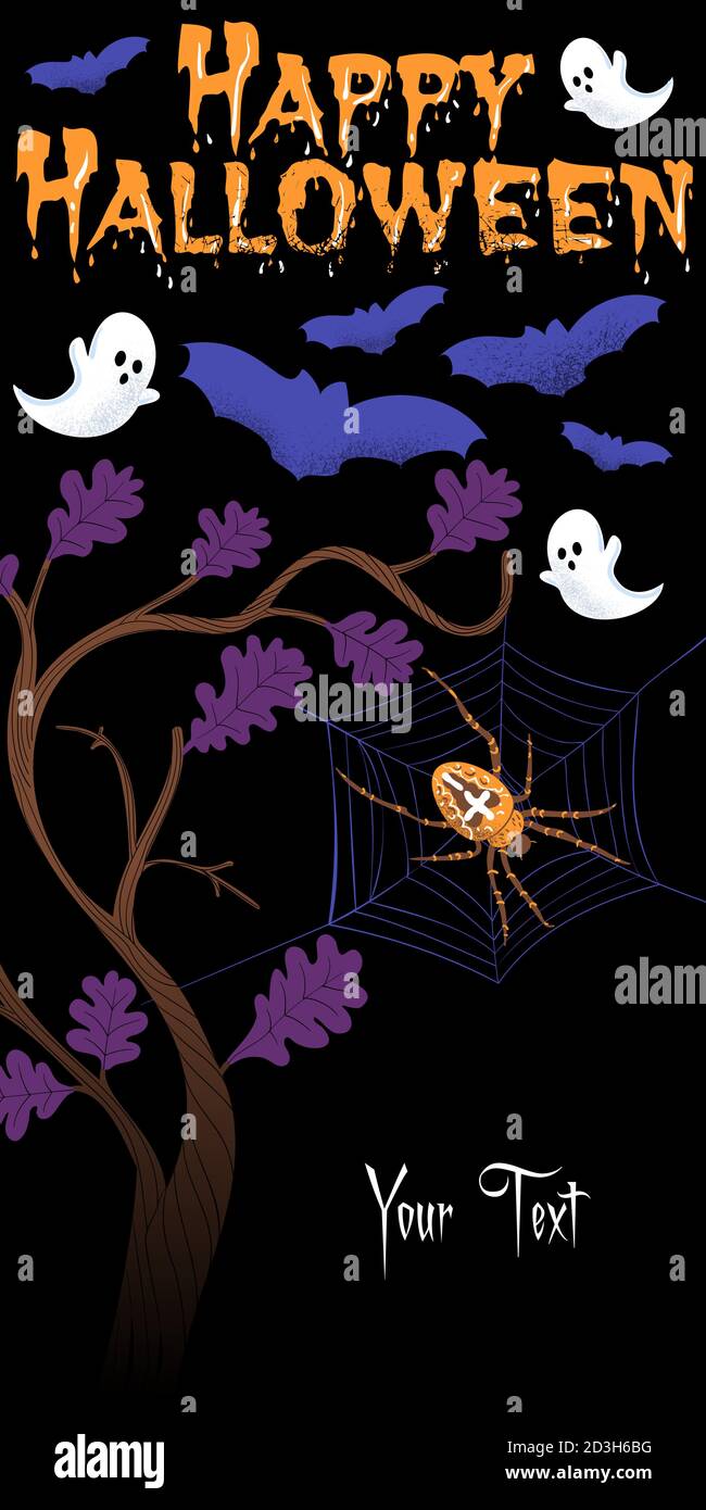 Vertical Happy Halloween Composition with spooky bats, ghost, spider ...