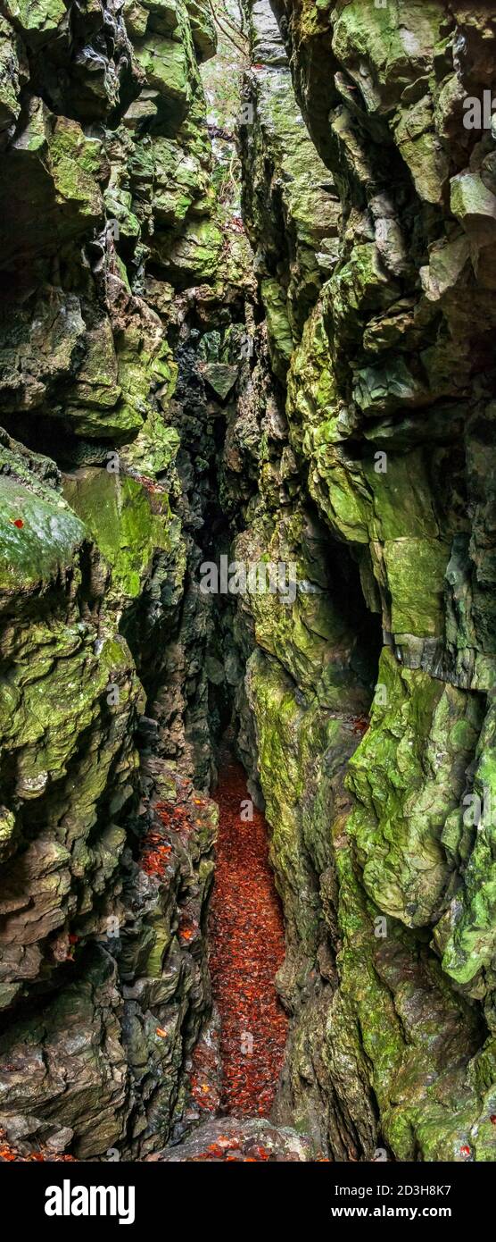 Vertical panorama of the south entrance of the deep and ancient opencut ...