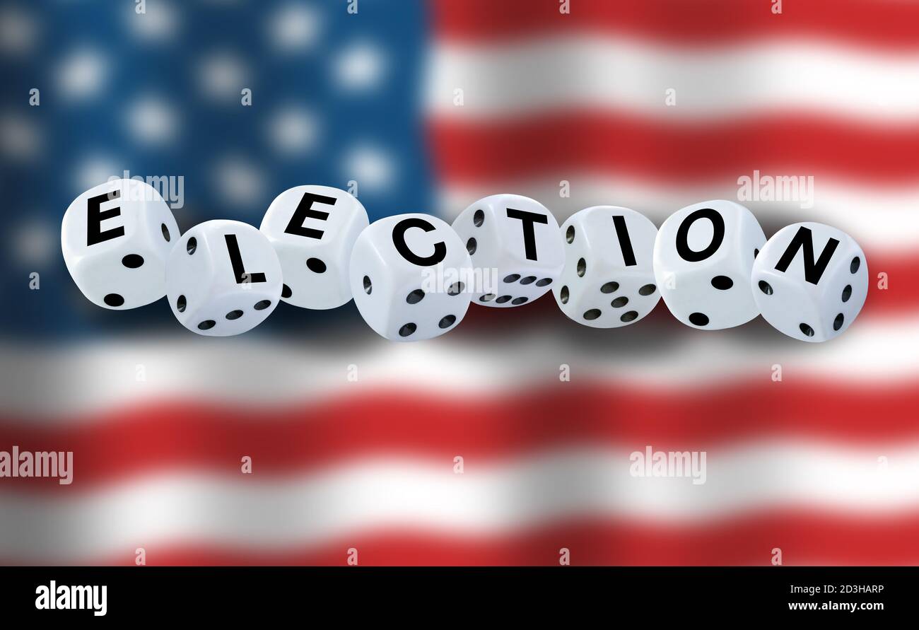 White dices spelling the word ELECTION with American flag waving in the ...