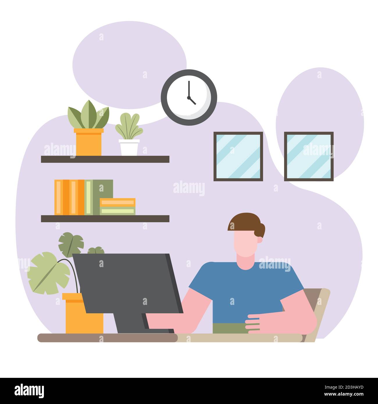 Man with computer working at desk from home design of telecommuting ...