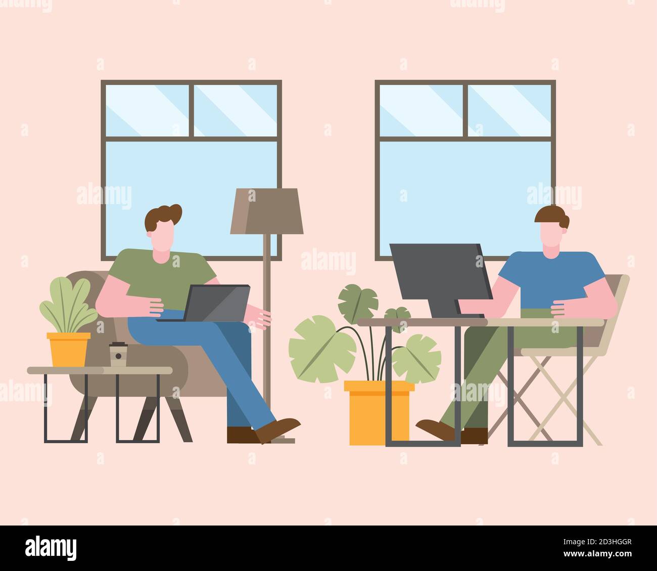 Men with laptop and computer working from home design of telecommuting ...