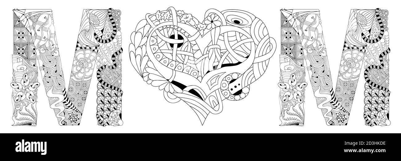 Word Mom With Shape Of Heart Vector Decorative Zentangle Object For