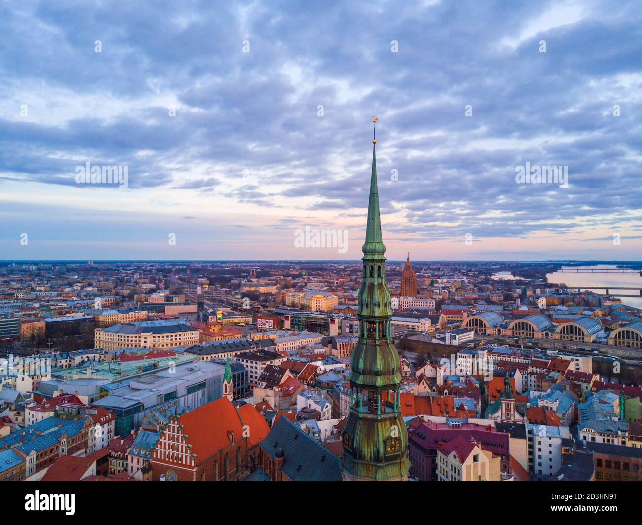 Aerial view of the famous St. Peters Cathedral in the old city of Riga ...
