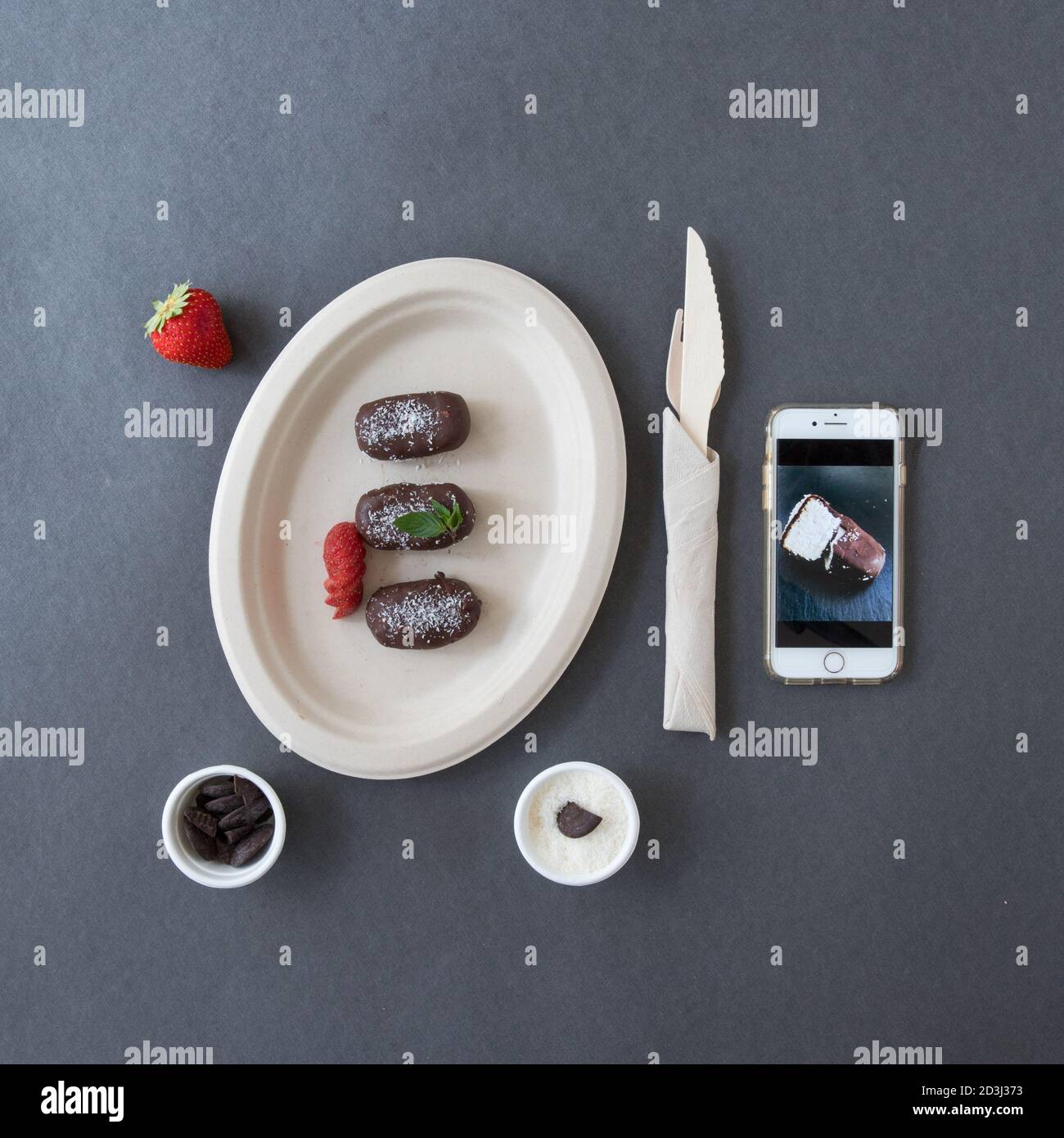 dessert creative concept, flat lay overhead, minimalist food ...