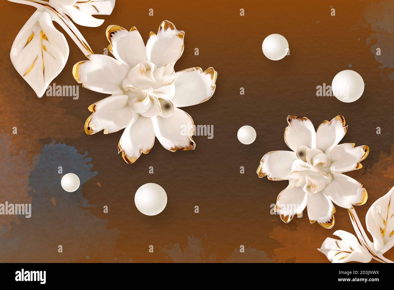 3D Wallpaper Design with ivory flower and dark brown background Stock ...