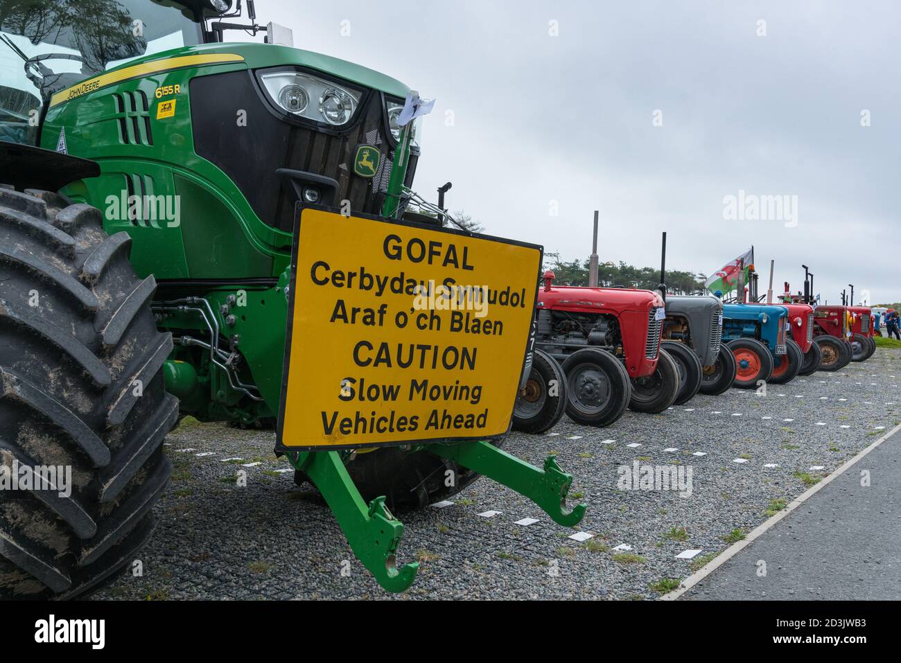A line of tractors, new and old, at Newborough Beach Car Park, Anglesey ...