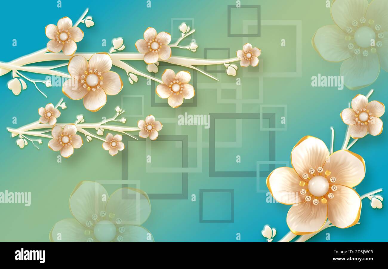 3d wallpaper with whitest flower and aqua color beautyful background ...
