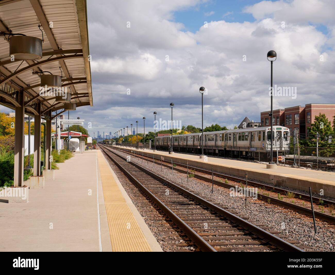 View of downtown Chicago from Metra commuter rail station, Oak Park ...