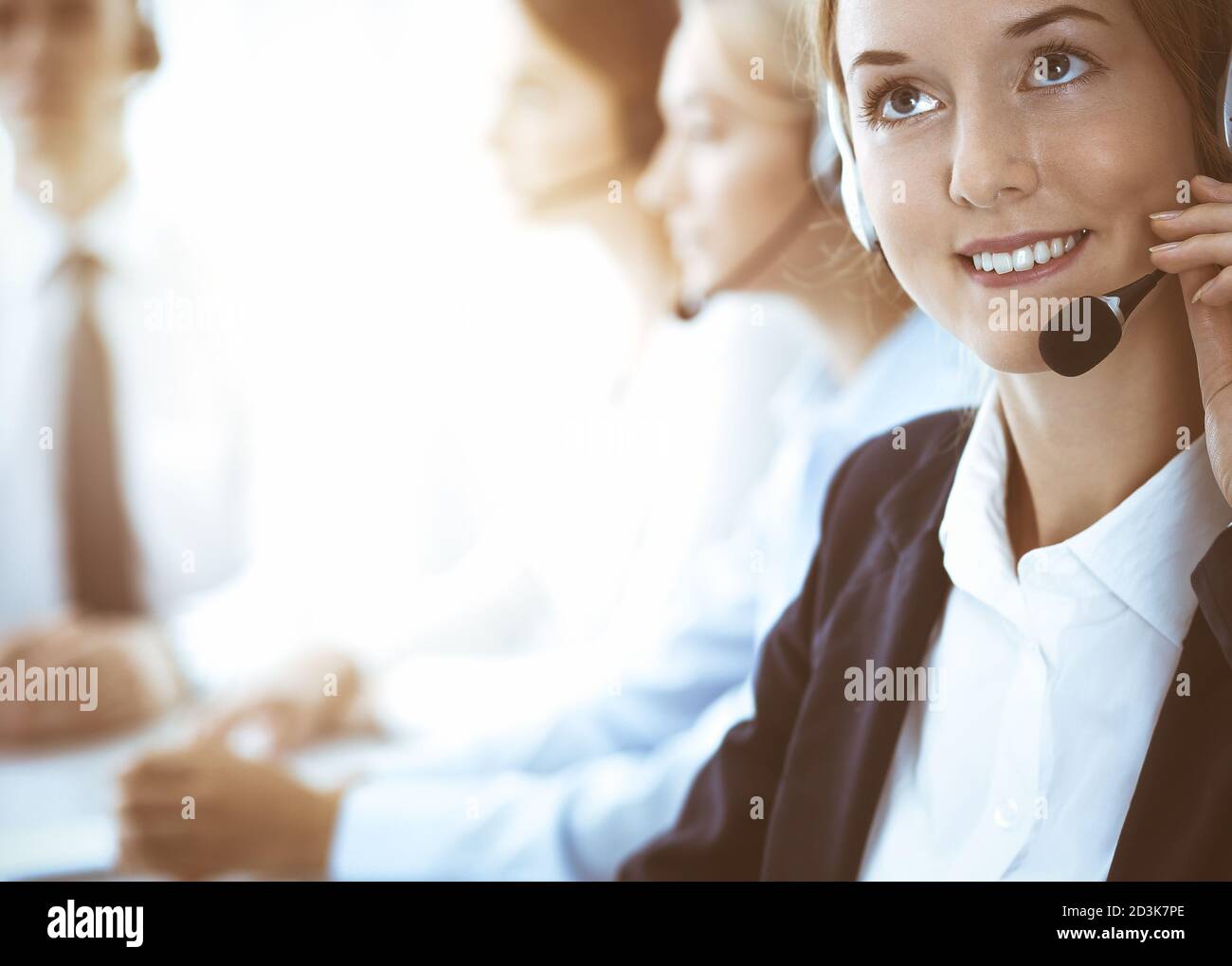 Call center and business people concept. Beautiful business woman with ...