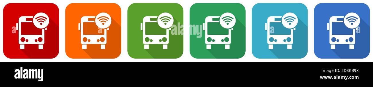 Bus with wifi icon set, flat design vector illustration in 6 colors ...