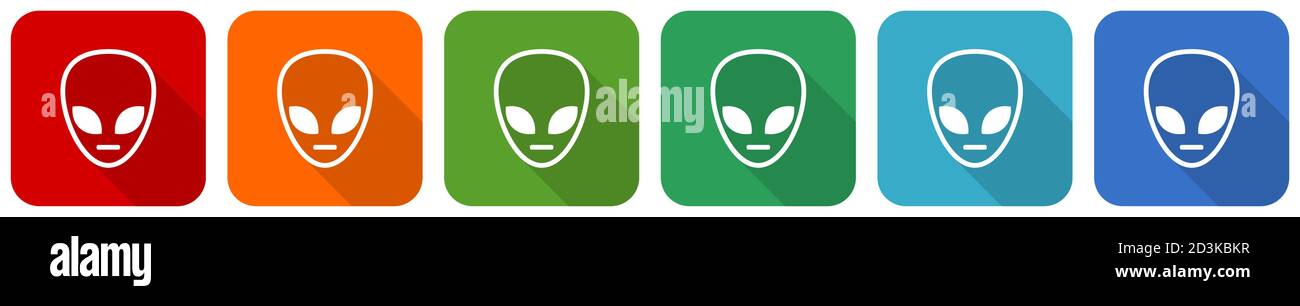 Alien face icon set, flat design vector illustration in 6 colors ...