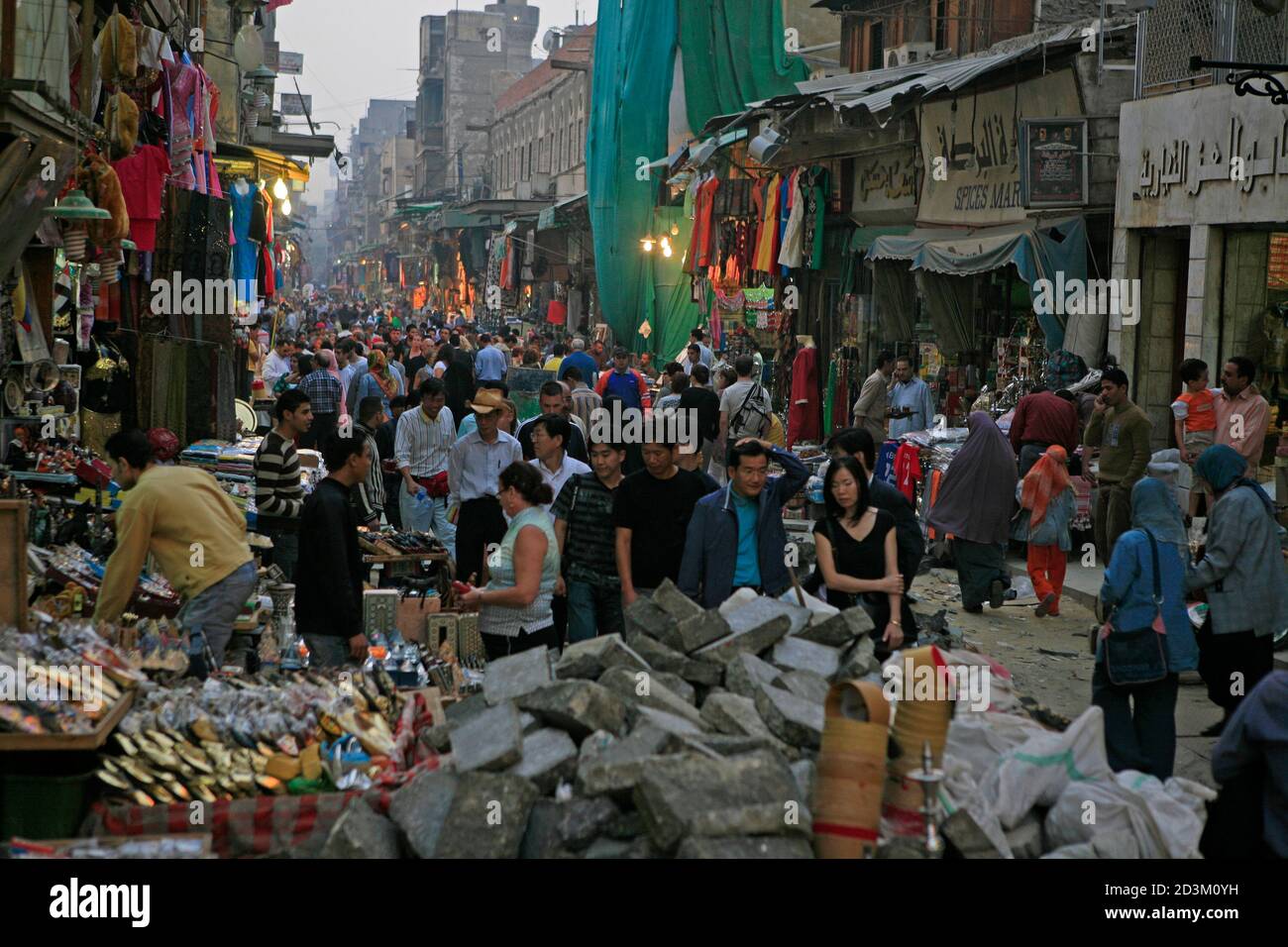 Crowded on a wide street in Great bazaar and market of Khan el Khalili ...