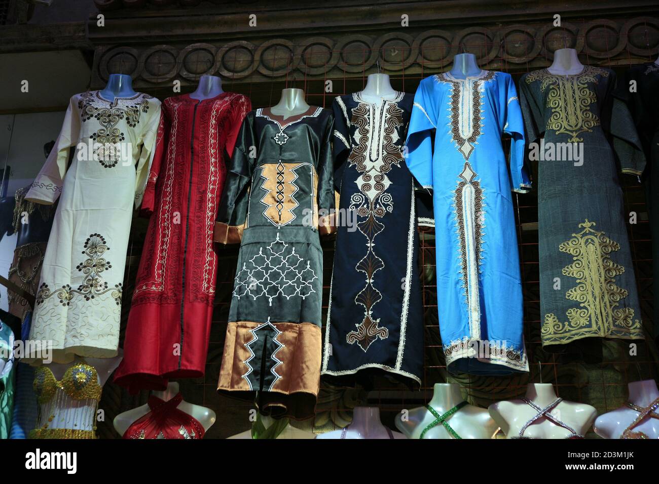 Arab skirts in Great bazaar and market of Khan el Khalili Stock Photo ...