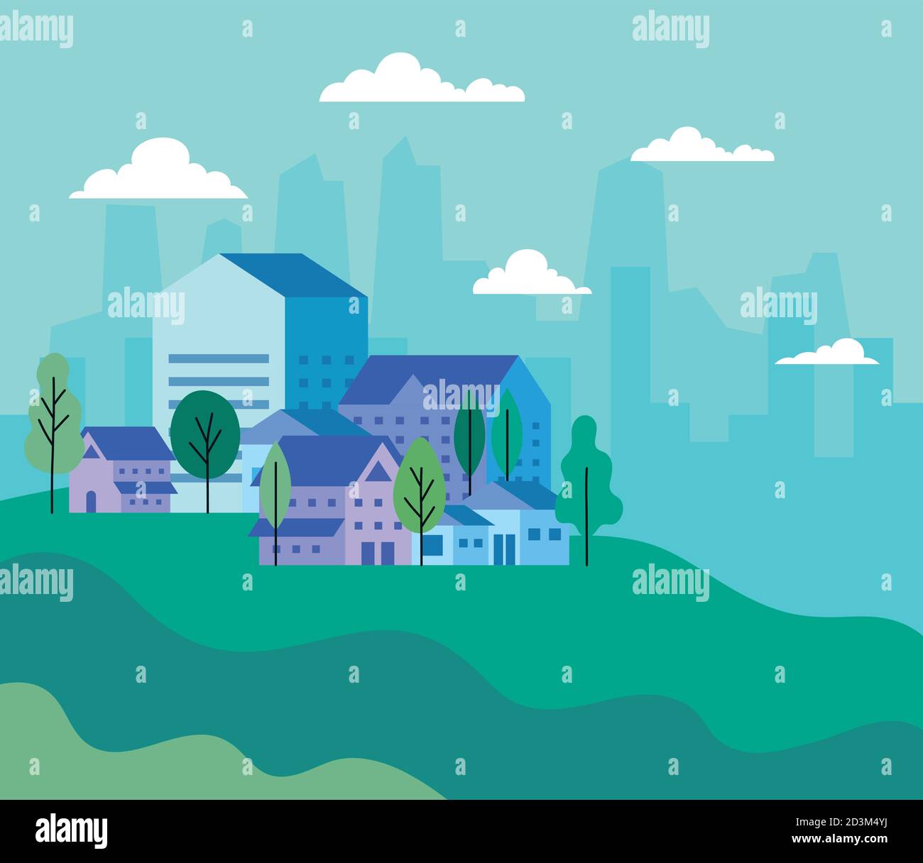 City landscape with houses trees and clouds vector design Stock Vector ...