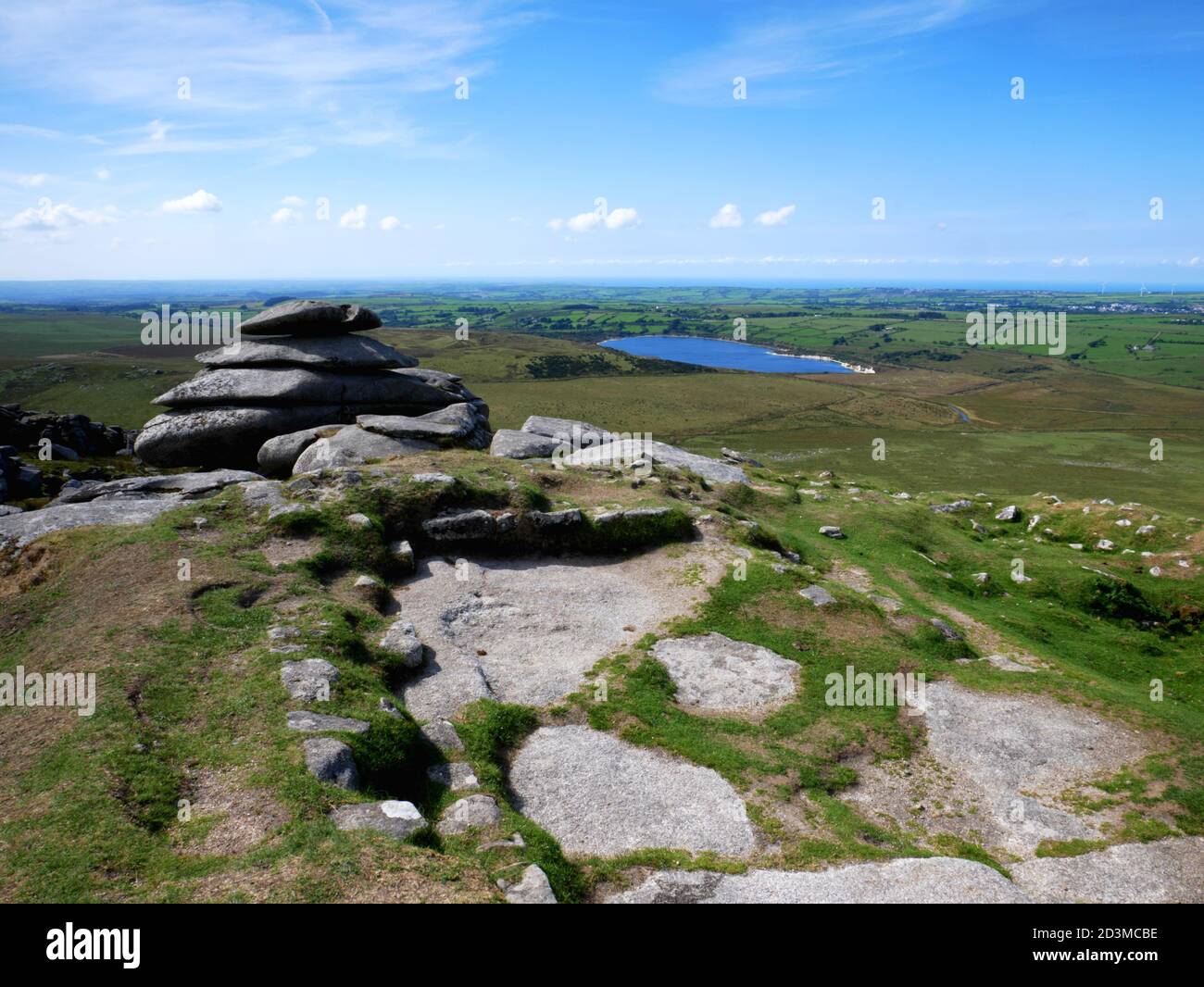 The flooded Stannon clay pit from the summit of Roughtor, Bodmin Moor ...