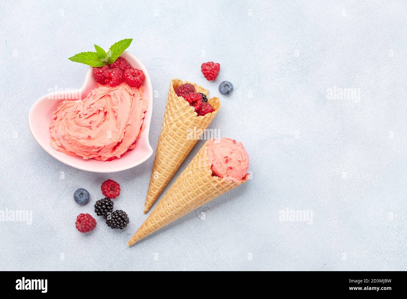 Homemade berry ice cream sundae. Top view flat lay with copy space ...