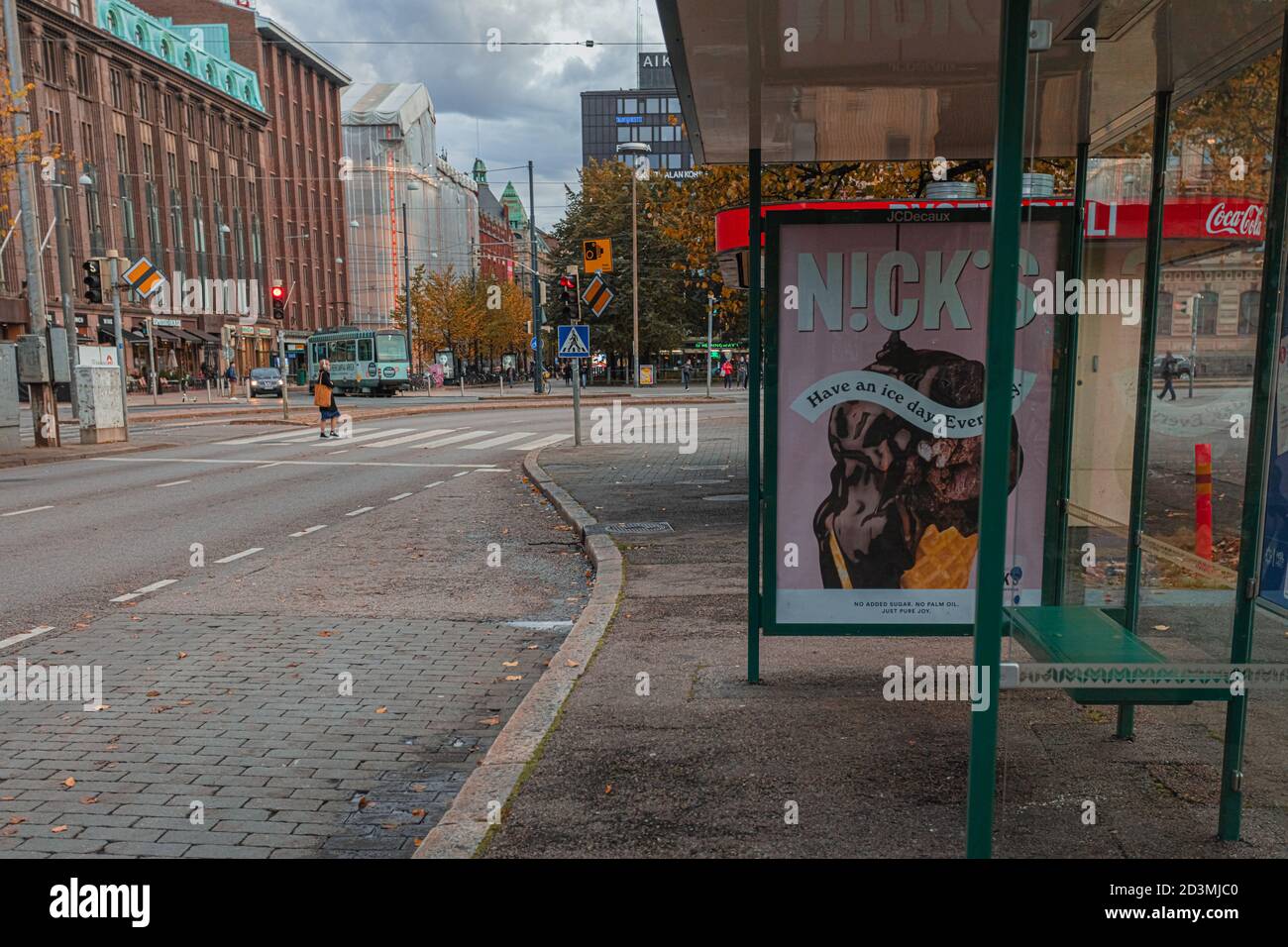 Helsinki, Uusimaa, Finland October 7, 2020 uncrowded bus stop in city ...