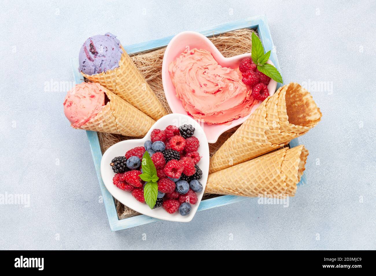 Berry and vanilla ice cream sundae. Top view flat lay Stock Photo - Alamy