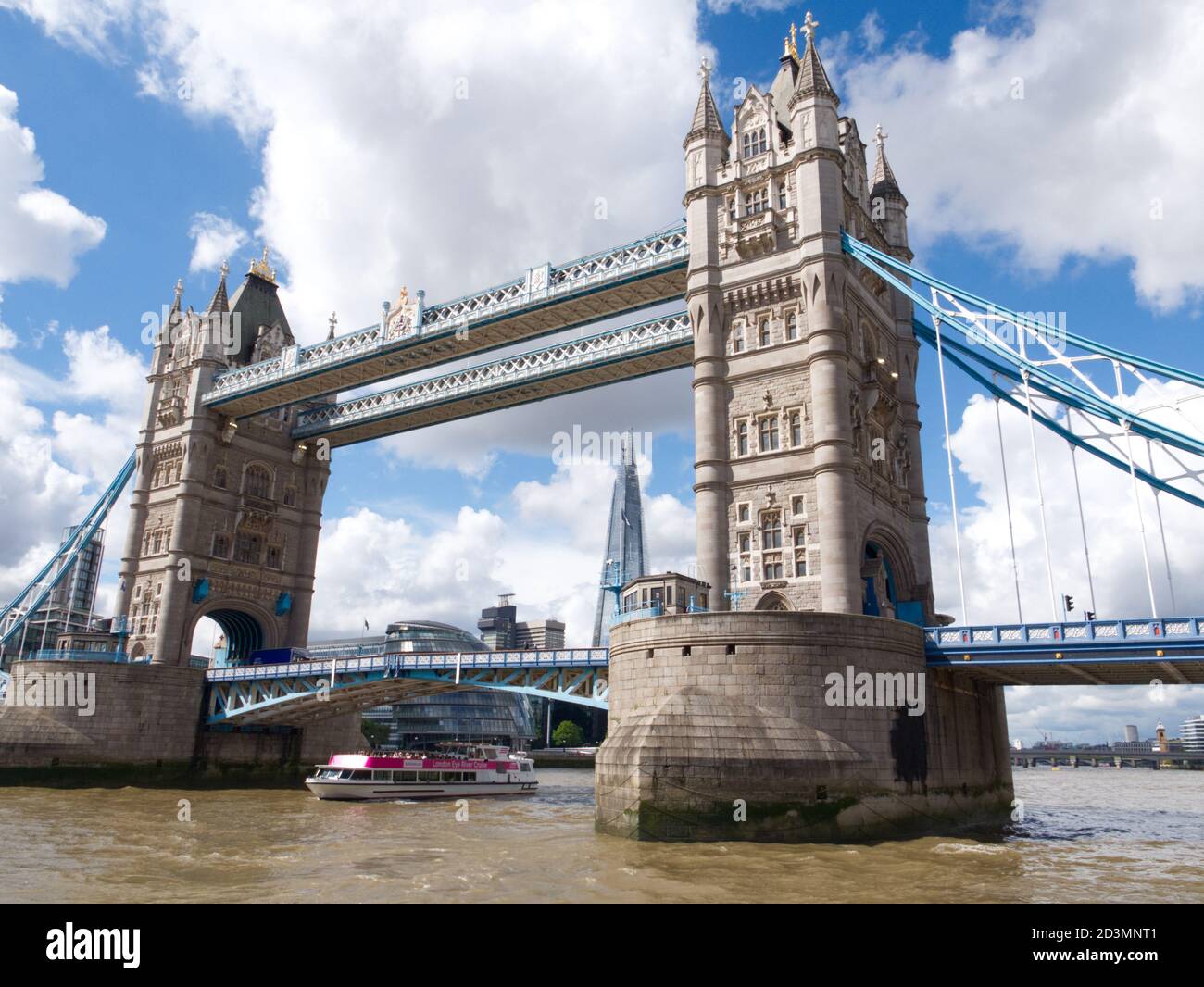 London's historic, iconic Tower Bridge, raised hydraulically. Spanning ...