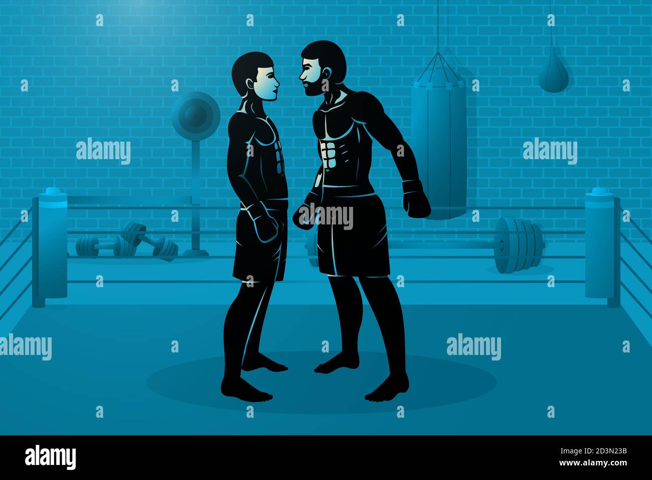 Two boxers are standing in the ring. Big fighter threatens little guy ...