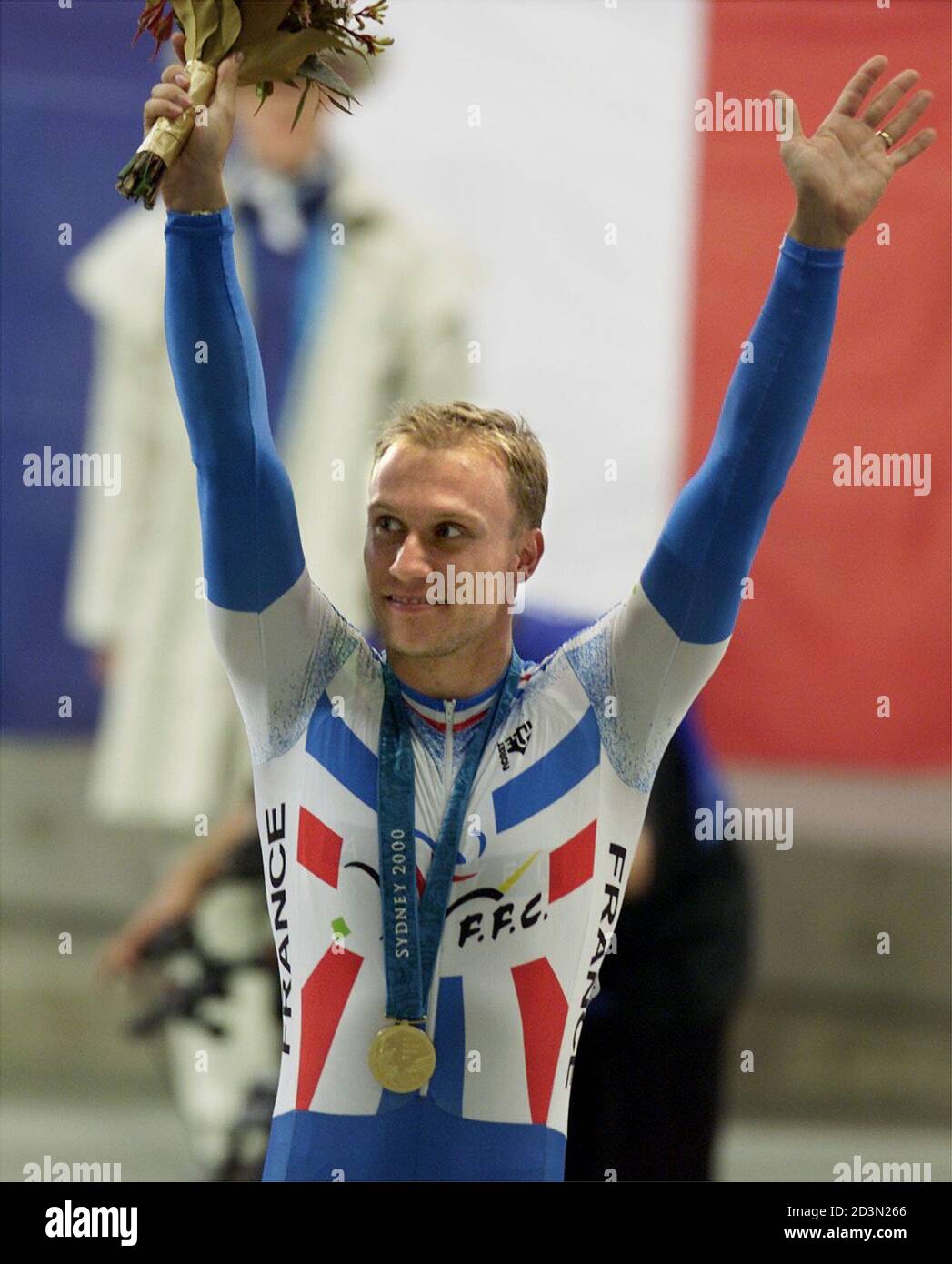 Florian Rousseau of France celebrates after winning the men's Keirin ...
