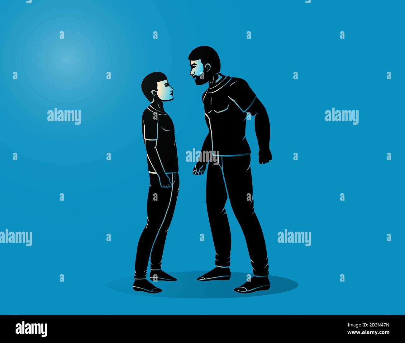 Big aggressive guy threatening the little guy. Conflict situation ...