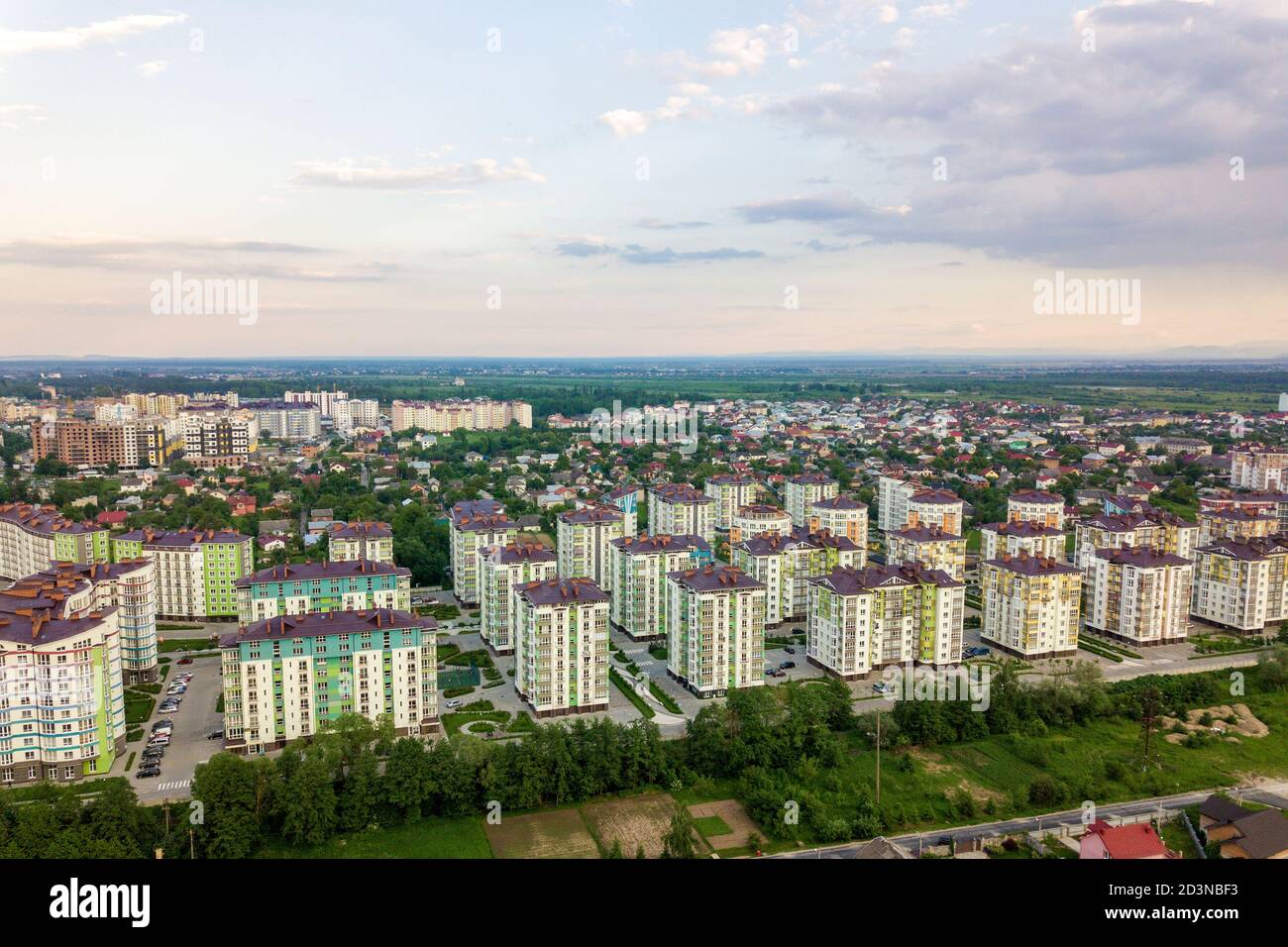 Top view of urban developing city landscape with tall apartment ...