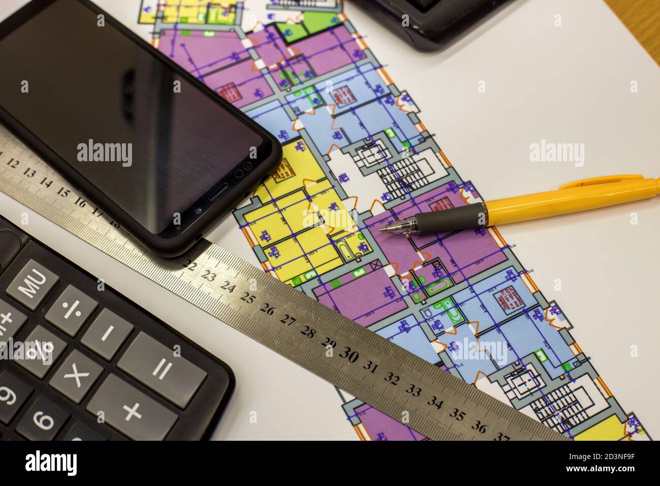 Calcurator, pen and ruler on building house architecture plan drawing ...