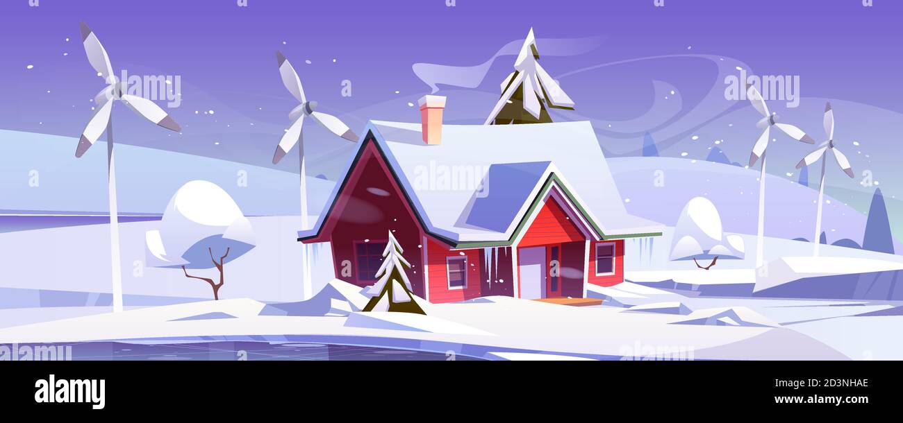 Winter landscape with house and wind turbines. Vector cartoon ...