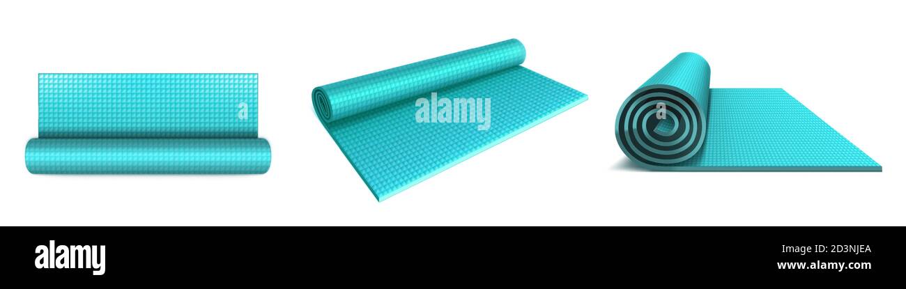 Yoga mat top, angle and side view, blue rolled mattress for fitness ...