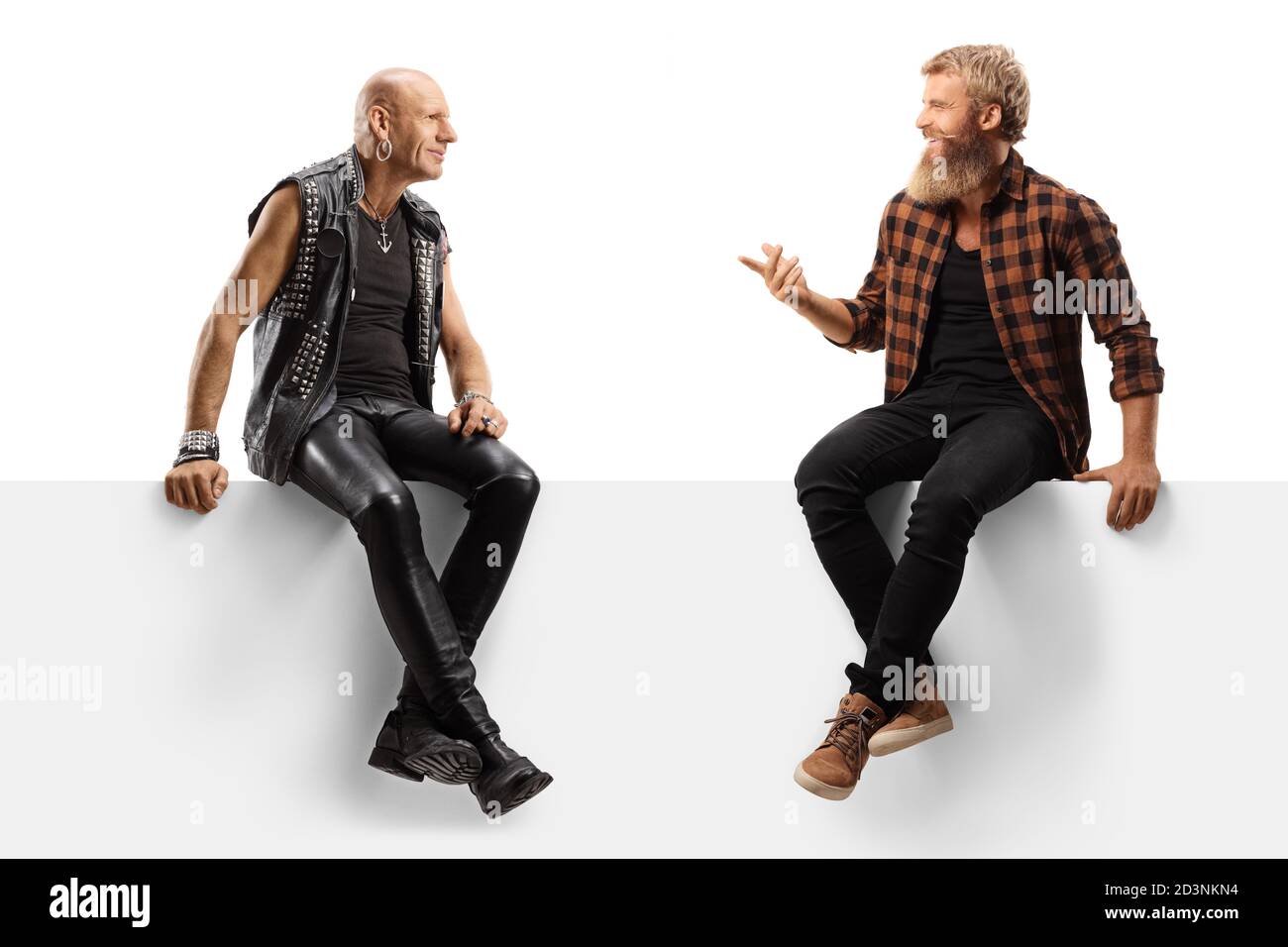 Punk and a bearded casual guy sitting on a blank panel and talking ...