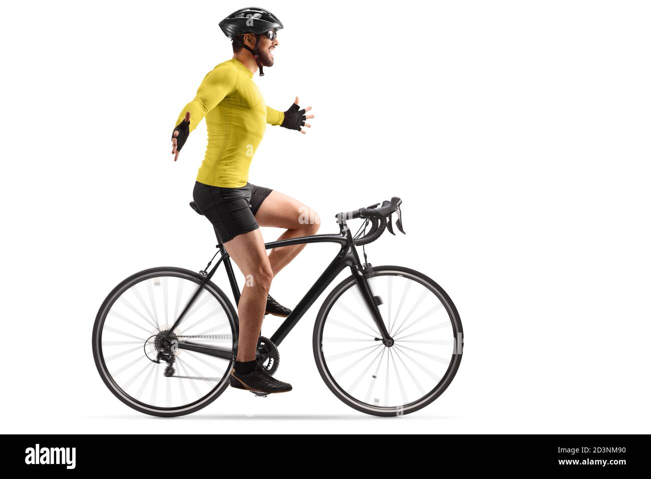 Male cyclist riding a road bicycle and spreading his arms isolated on ...