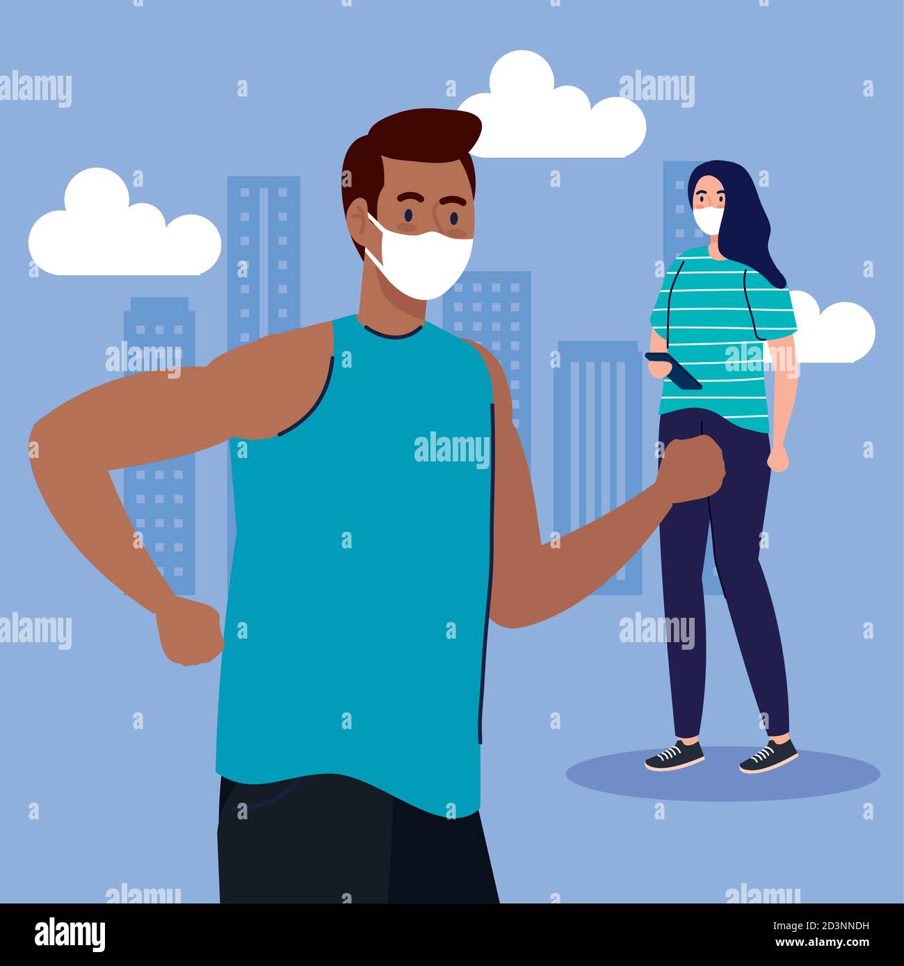 New normal of woman and man running with masks vector design Stock ...