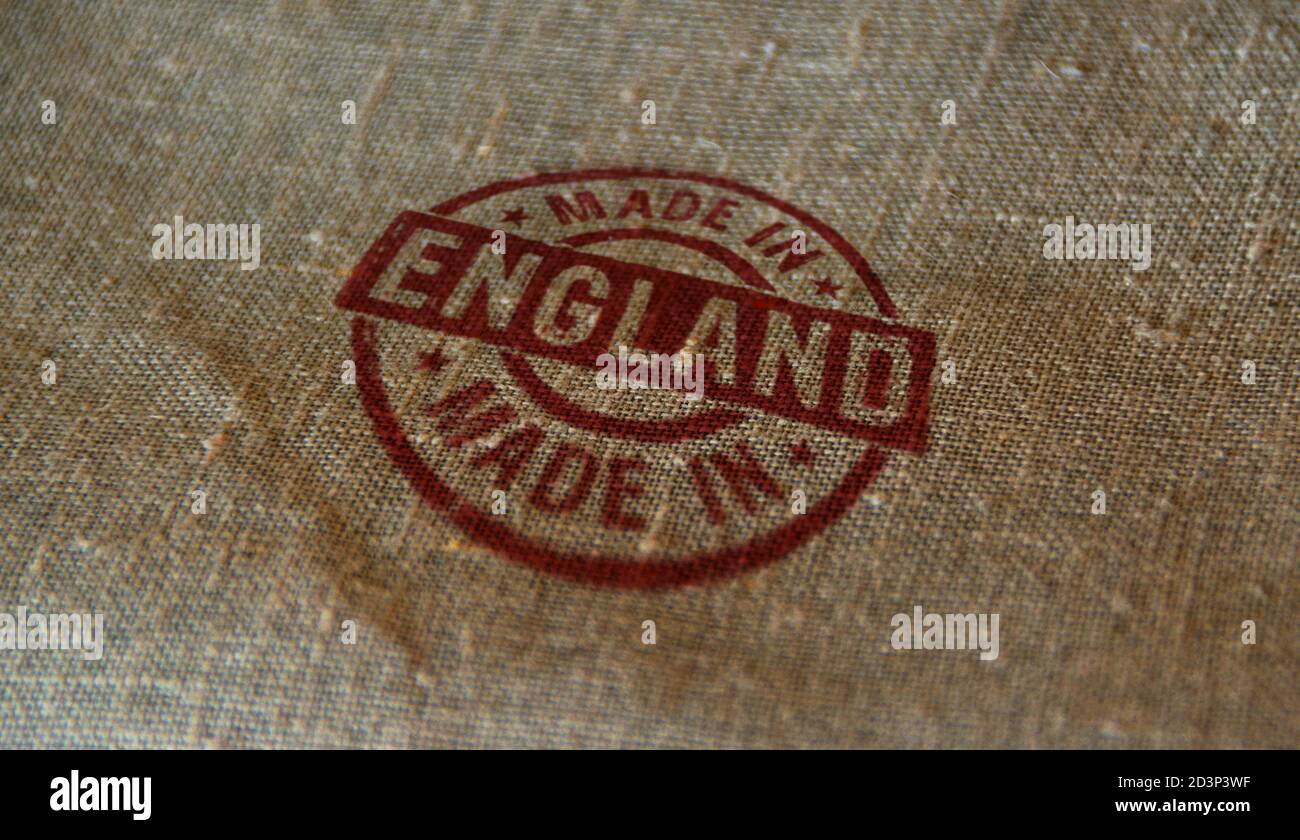 Made in England stamp printed on linen sack. Factory, manufacturing and ...